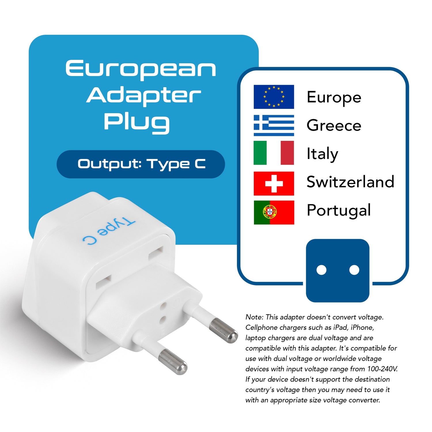 Type C Adapter Plugs for Europe, South America, Asia, & More