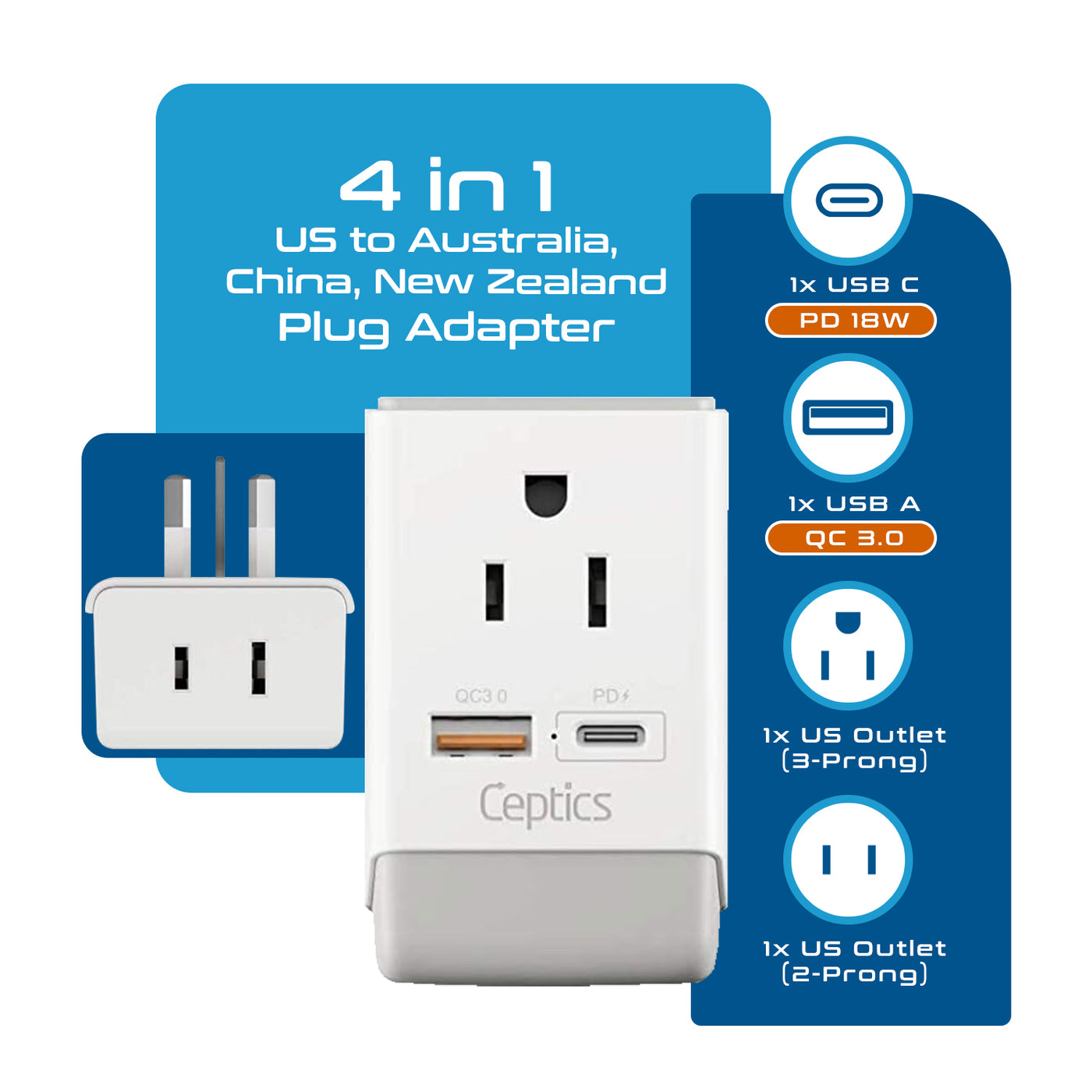 Shop Australian Plug Adapter | Type I | USB & USB C | Ceptics