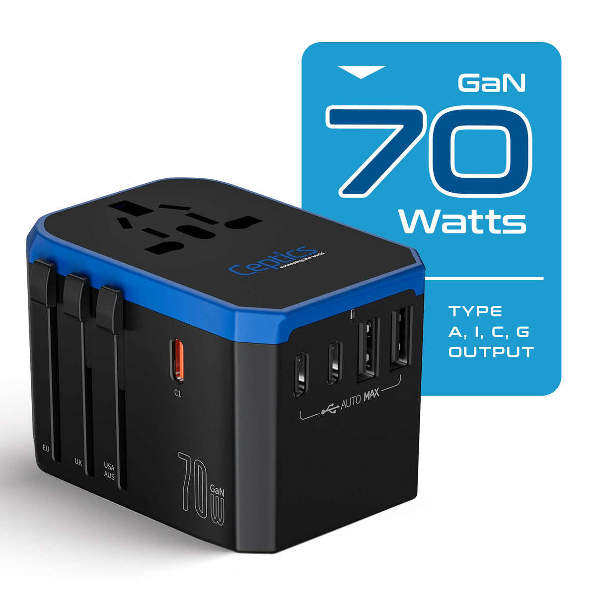 Universal Travel Adapter Plug - 3 USB-C w/ PD & QC + 2 USB-A (UP-70KU)