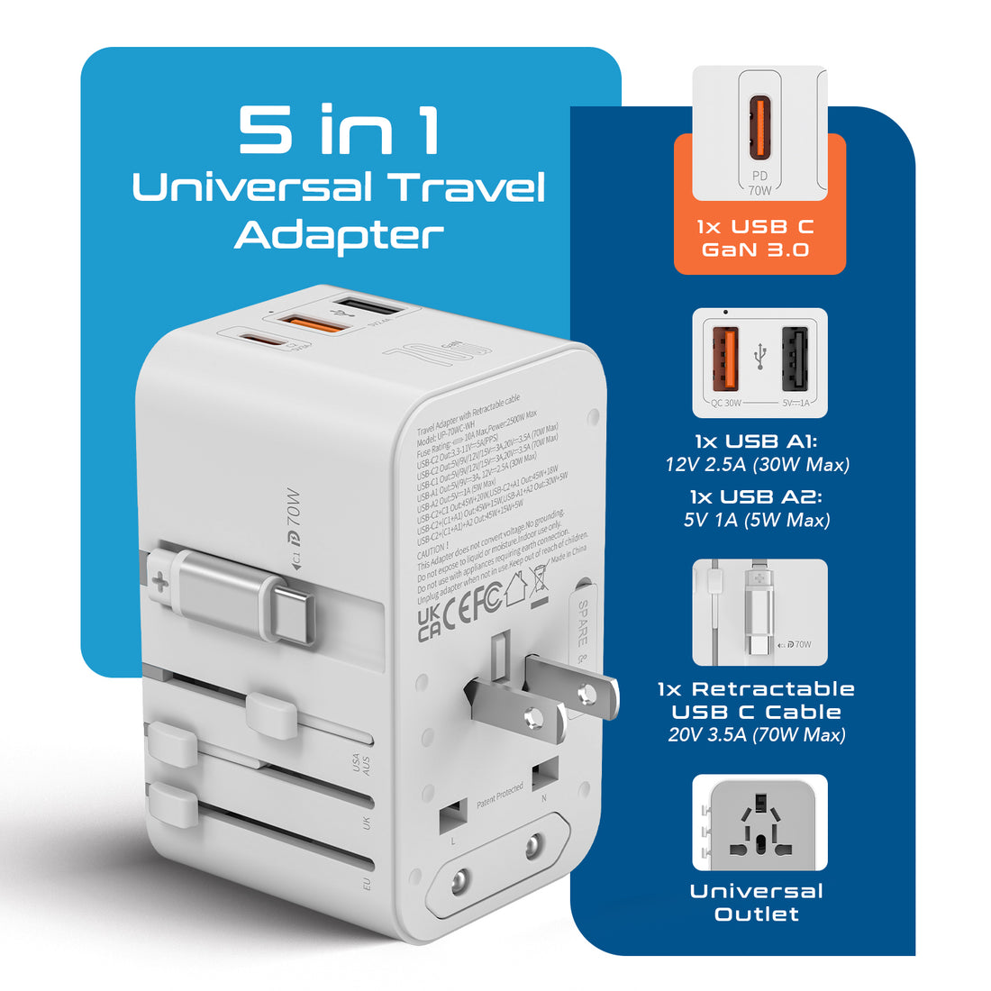 70W Universal Travel Adapter - 2 USB-C + 1 GaN 3.0 retractable cable,
