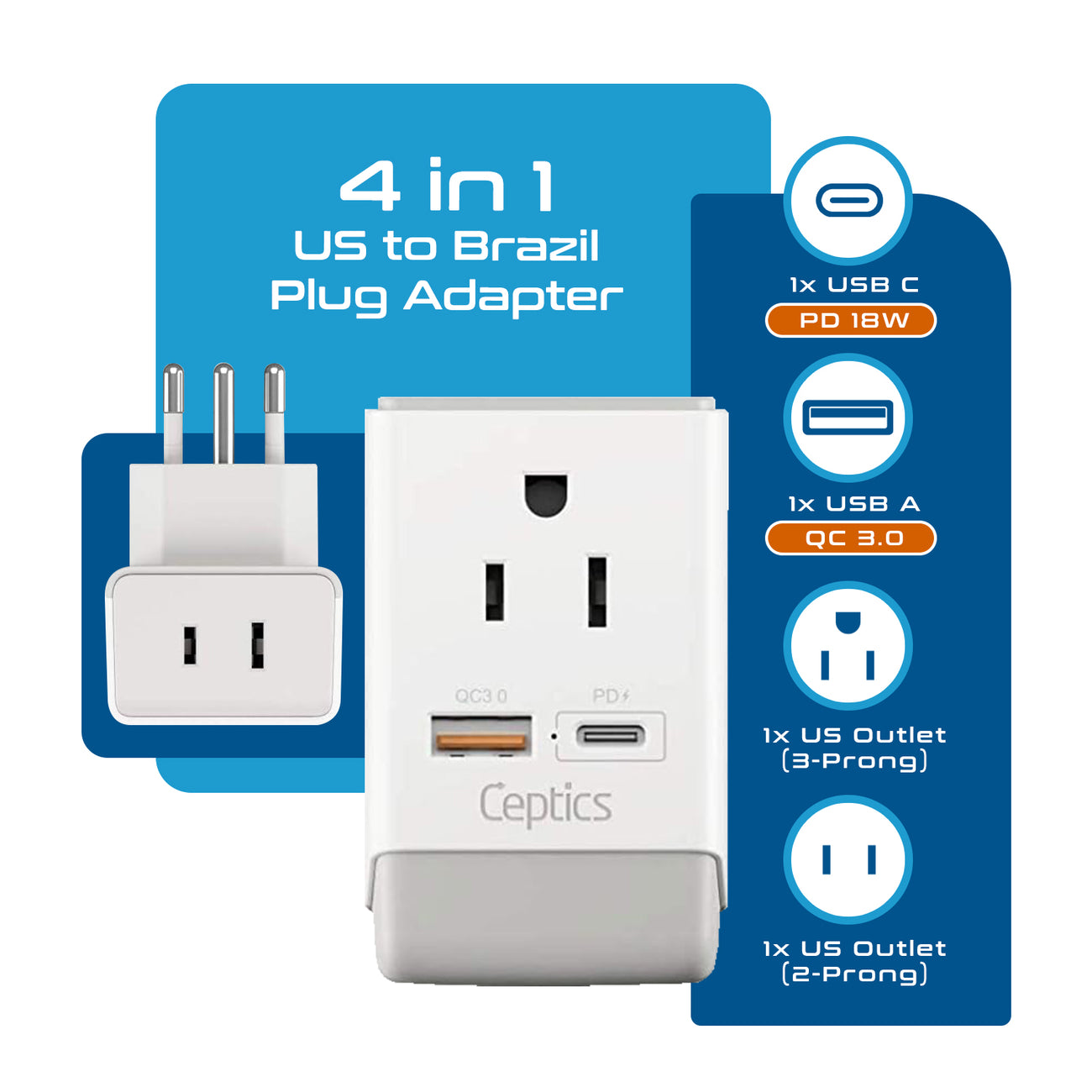 Shop Brazil Plug Adapter | Type N | Dual USB & USB-C | Ceptics