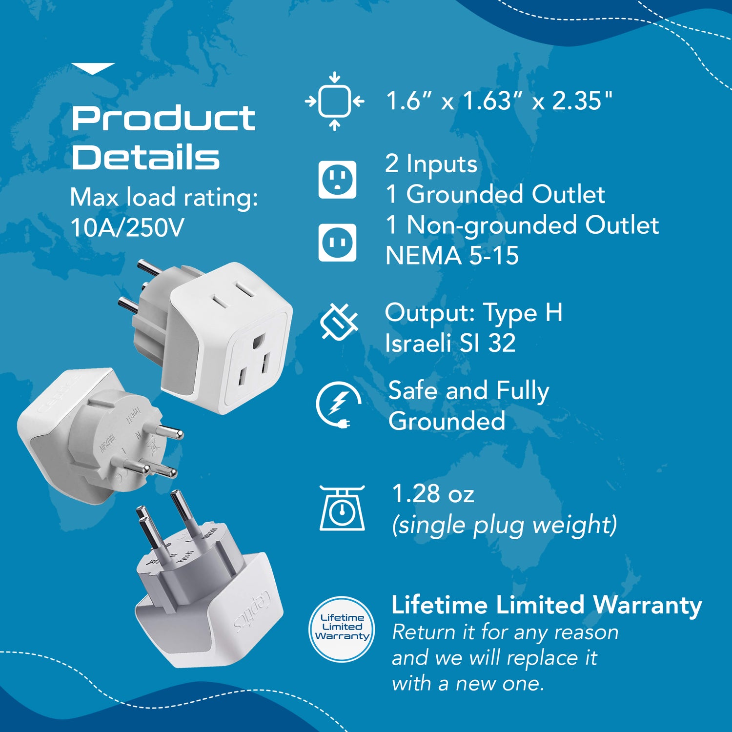 Shop Israel plug adapter | Type H adapter by Ceptics with Dual USA Input