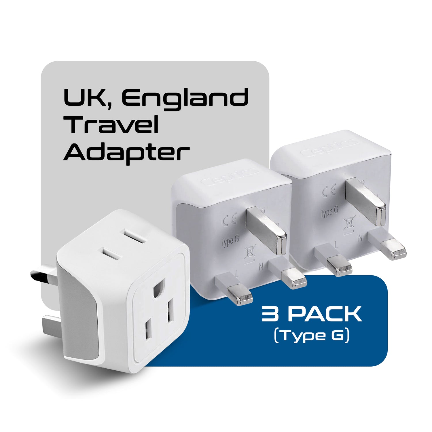 Shop type G plug adapter by Ceptics | 2 in 1 Input US to UK Plug Adapter