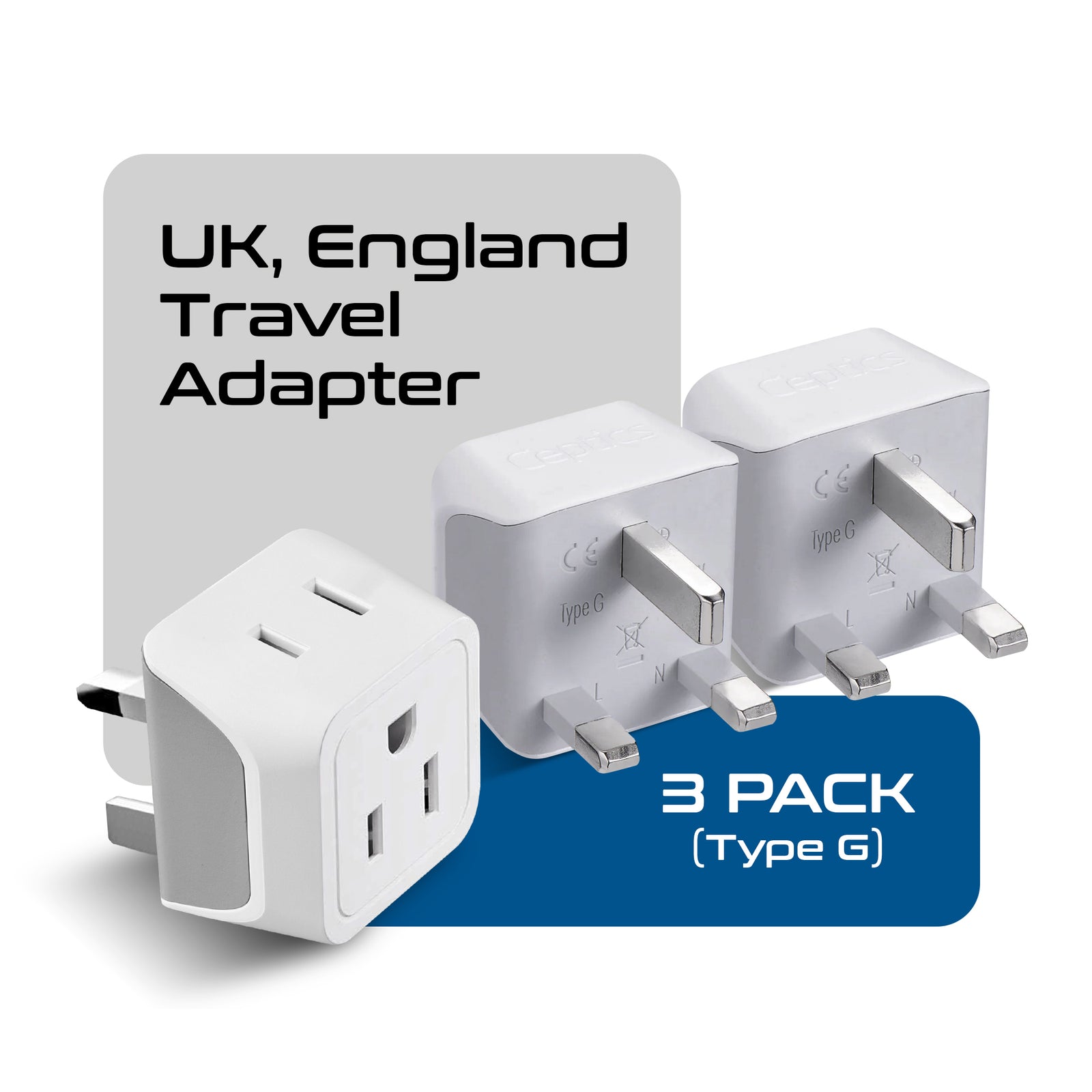 Shop type G plug adapter by Ceptics | 2 in 1 Input US to UK Plug Adapter