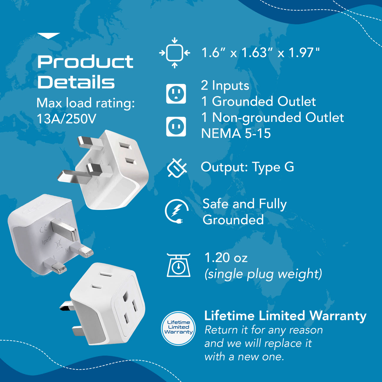 Shop type G plug adapter by Ceptics | 2 in 1 Input US to UK Plug Adapter