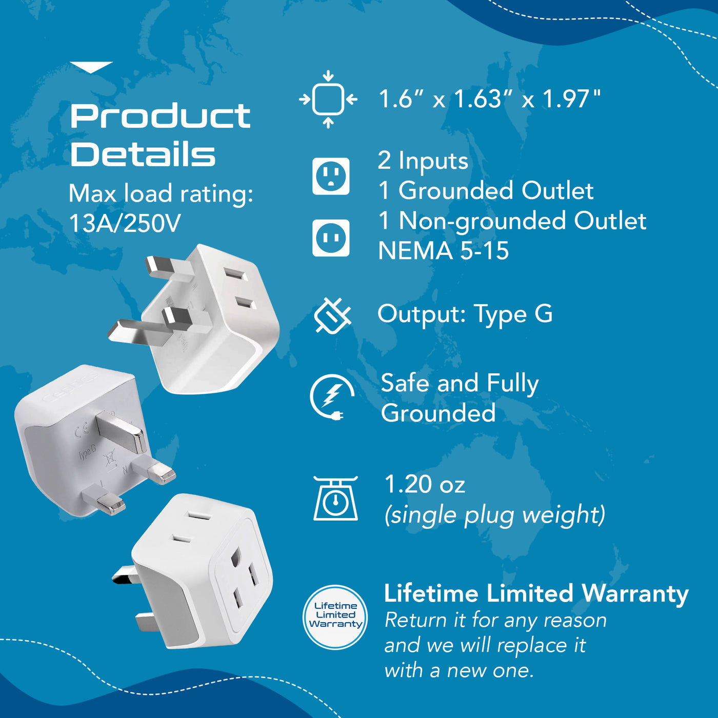 Shop type G plug adapter by Ceptics | 2 in 1 Input US to UK Plug Adapter