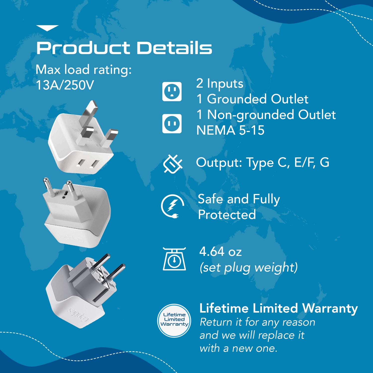 European Travel Adapter Set - Type E/F, G, C - 3pcs (CT-EU-SET)