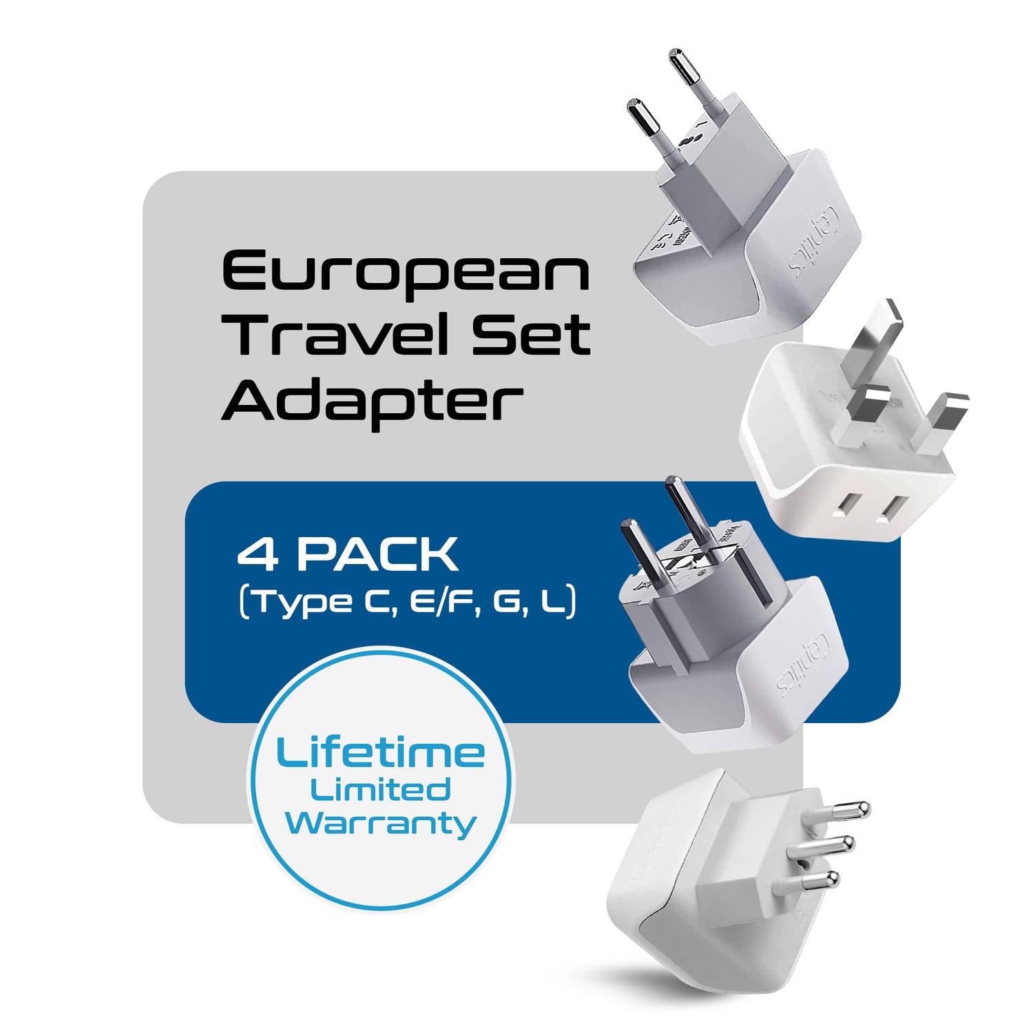 European Travel Adapter Set - Type C, E/F, G, L - 4pcs (CT-EU-4SET)