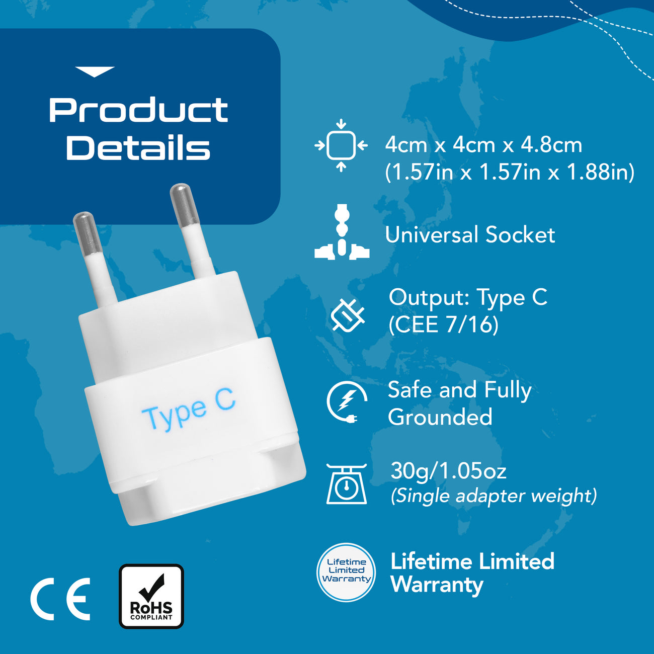 Type C Adapter Plugs for Europe, South America, Asia, & More