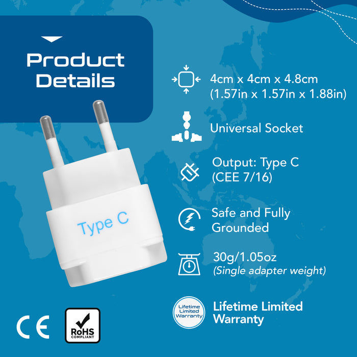 Type C Adapter Plugs for Europe, South America, Asia, & More