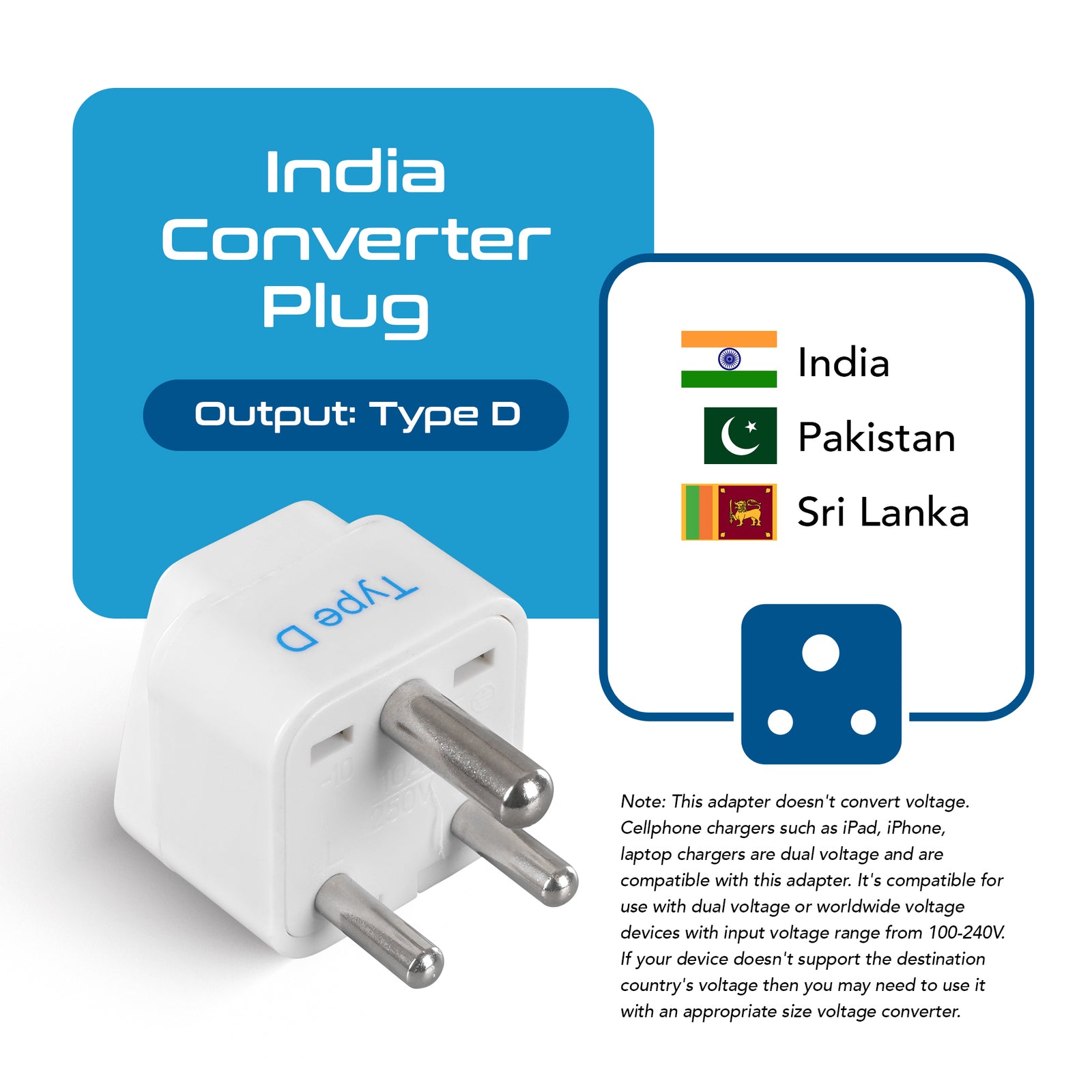 Shop US to India Converter Plug | Type D | Ceptics