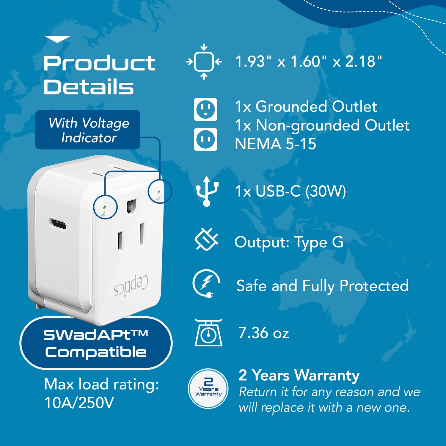 UK, Hong Kong, Travel Plug Adapter | Type G - USB-C Ports + 2 US Outle