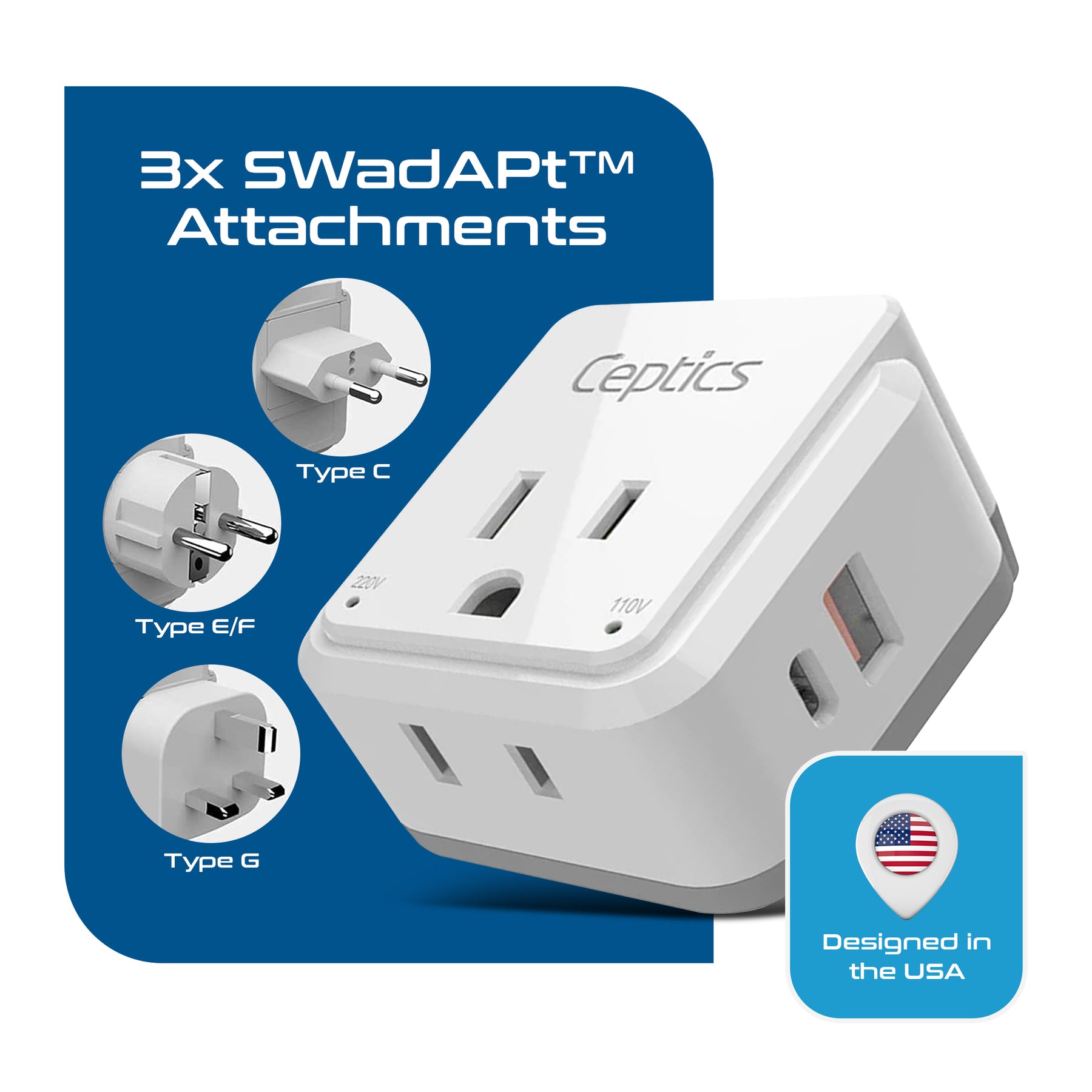 Travel Adapter Kit | Type C, E/F, G - USB & USB-C Ports + 2 US Outlets