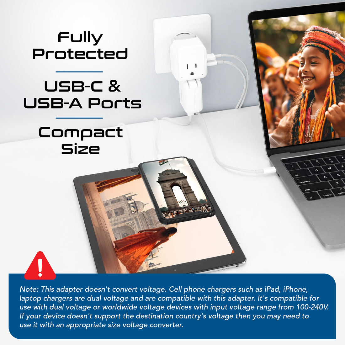 India, Nepal Travel Adapter Set | Type C, D - USB & USB-C Ports + 2 US