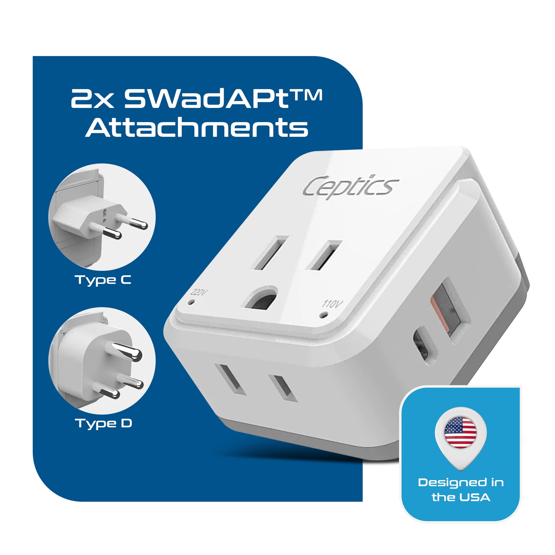 India, Nepal Travel Adapter Set | Type C, D - USB & USB-C Ports + 2 US