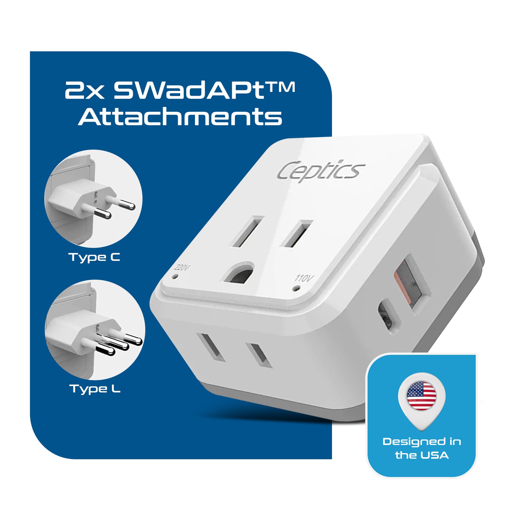 Italy, Chile Travel Adapter Set | Type C, L - USB & USB-C Ports + 2 US