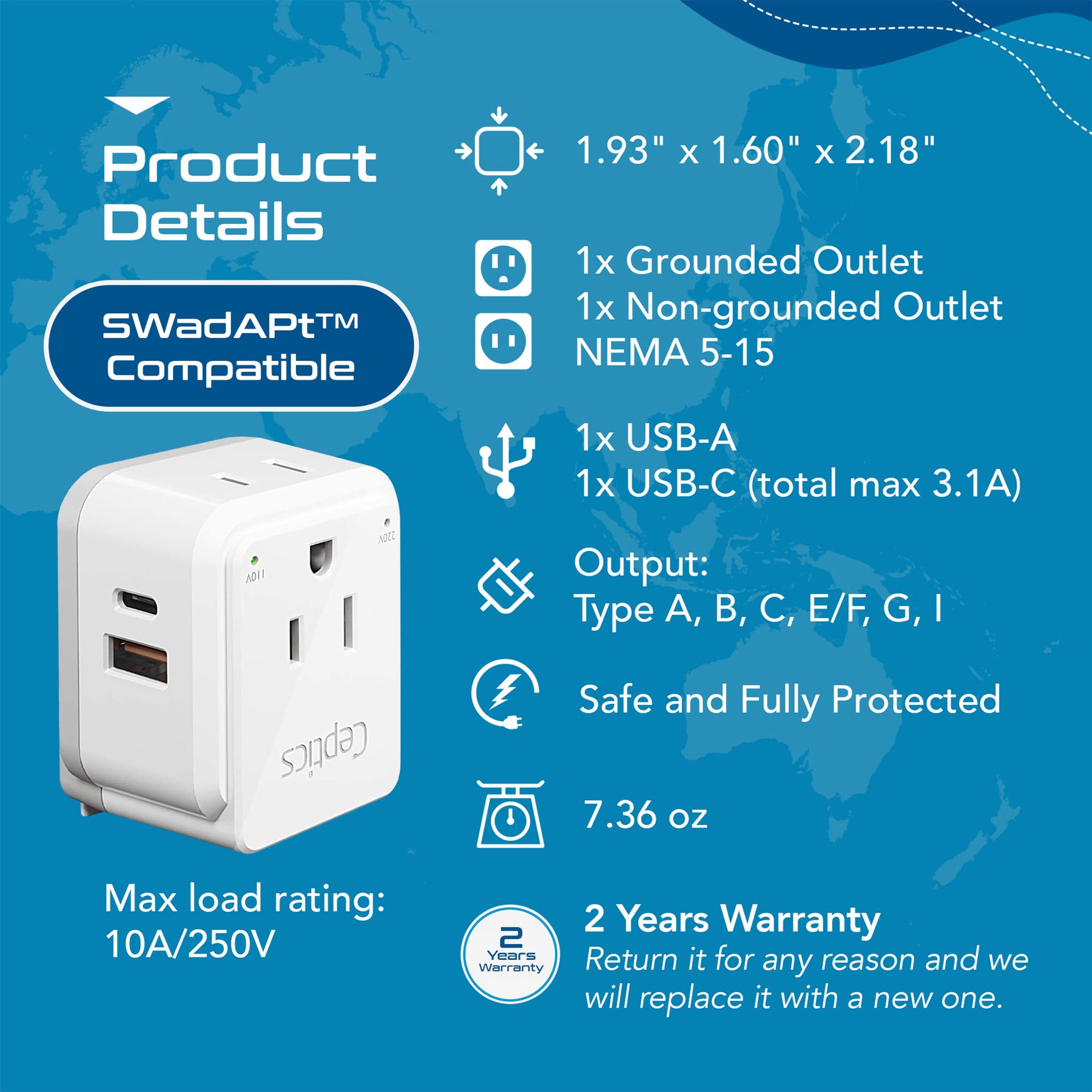 Travel Adapter Set | Type A, B, C, E/F, G, I - USB & USB-C Ports + 2 U