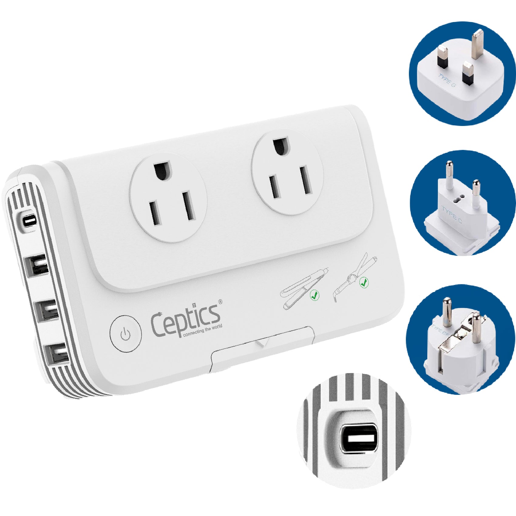 200W Step Down Converter – 2x outlets & 3 USB-A + 1 USB-C – AC 220-240
