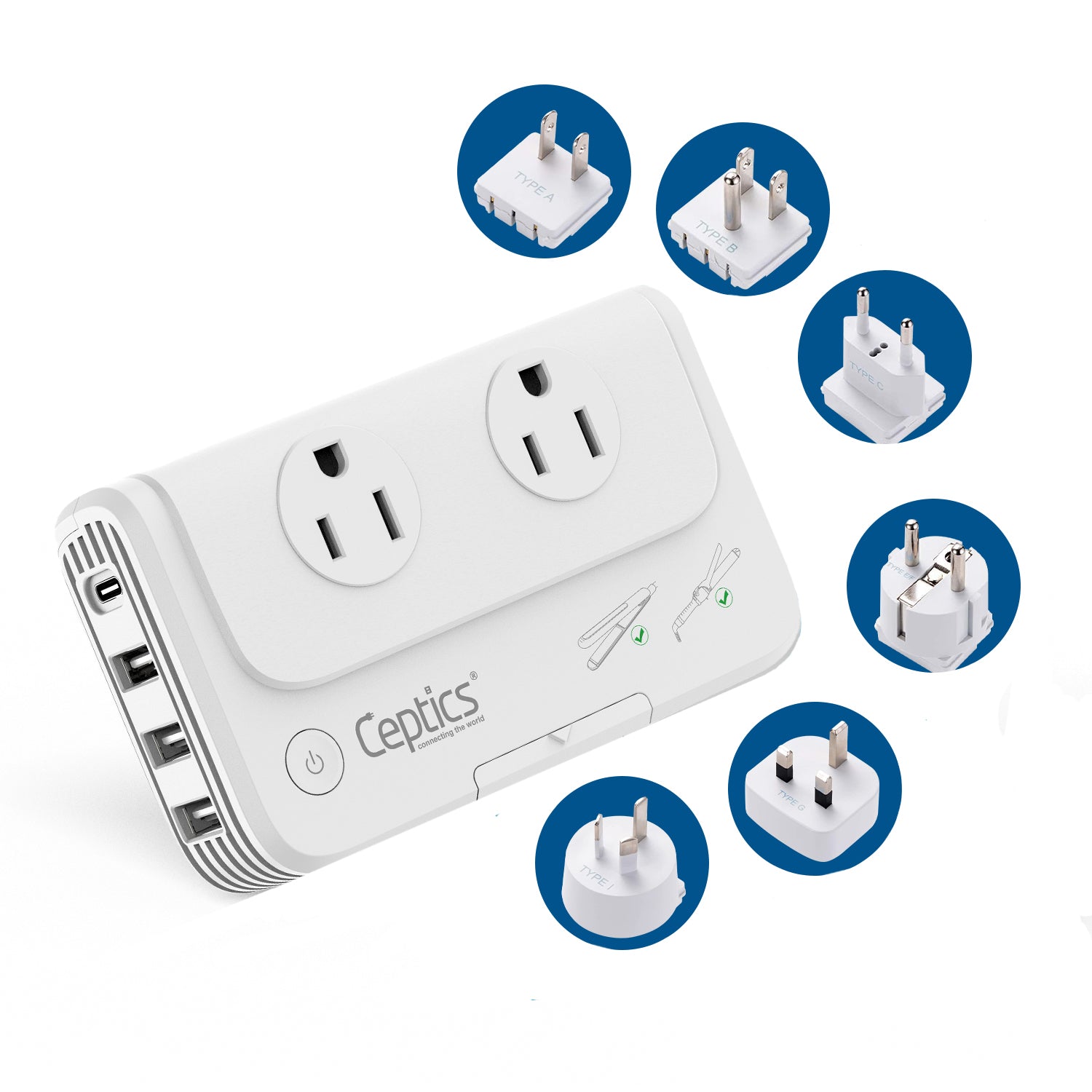 200W Step Down Converter – 2x outlets & 3 USB-A + 1 USB-C – AC 220-240