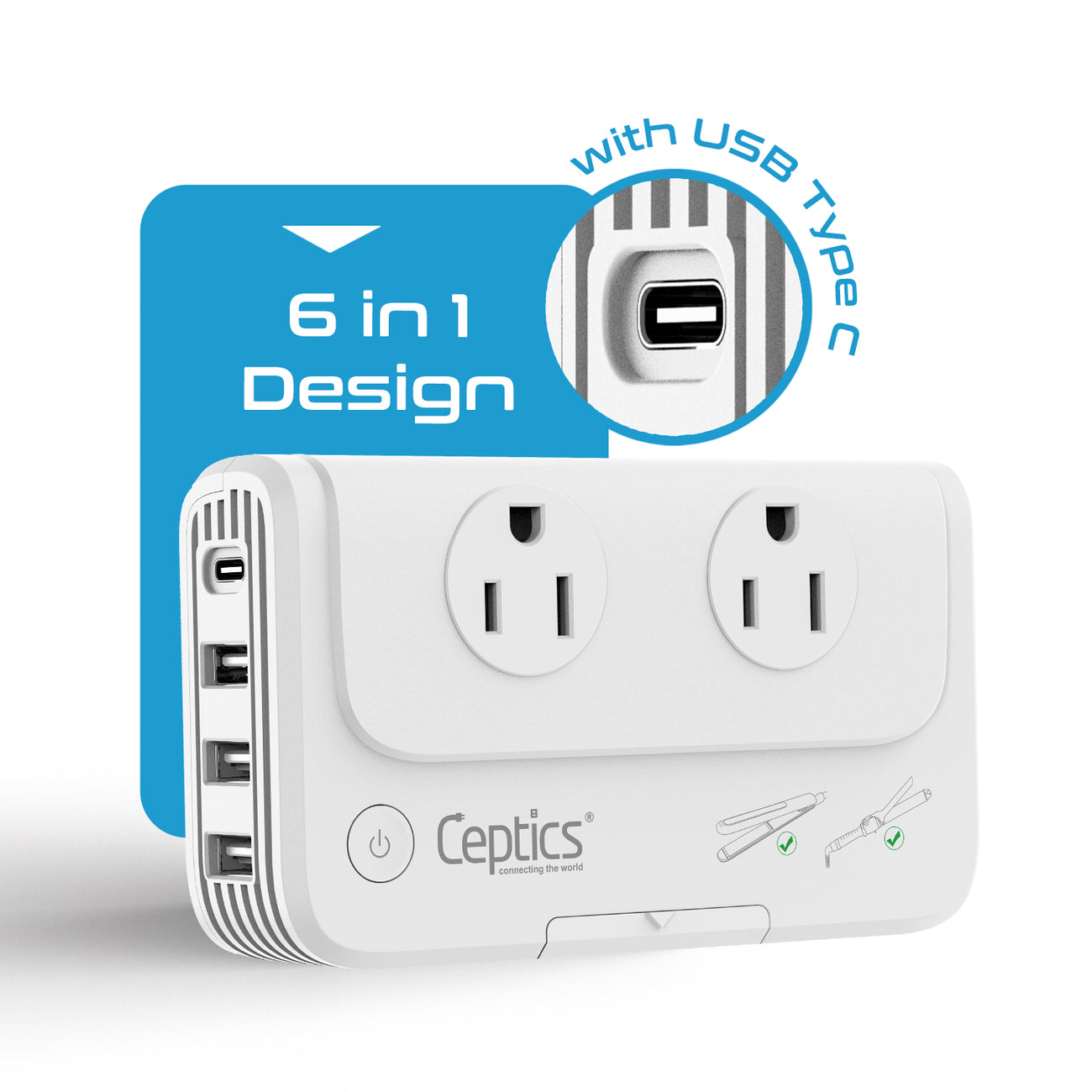 200W Step Down Converter – 2x outlets & 3 USB-A + 1 USB-C – AC 220-240