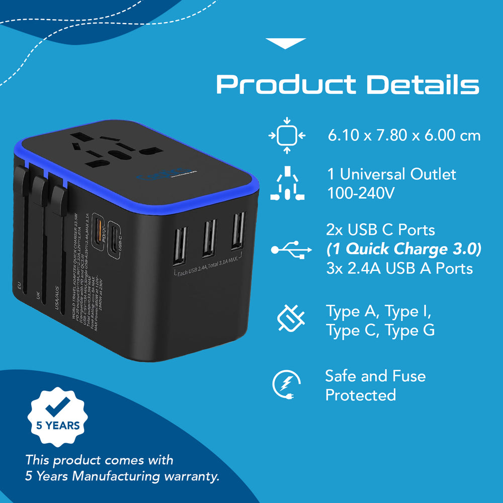 Universal Travel Adapter Plug - USB-C w/ PD & QC + 3 USB (UP-11KU)