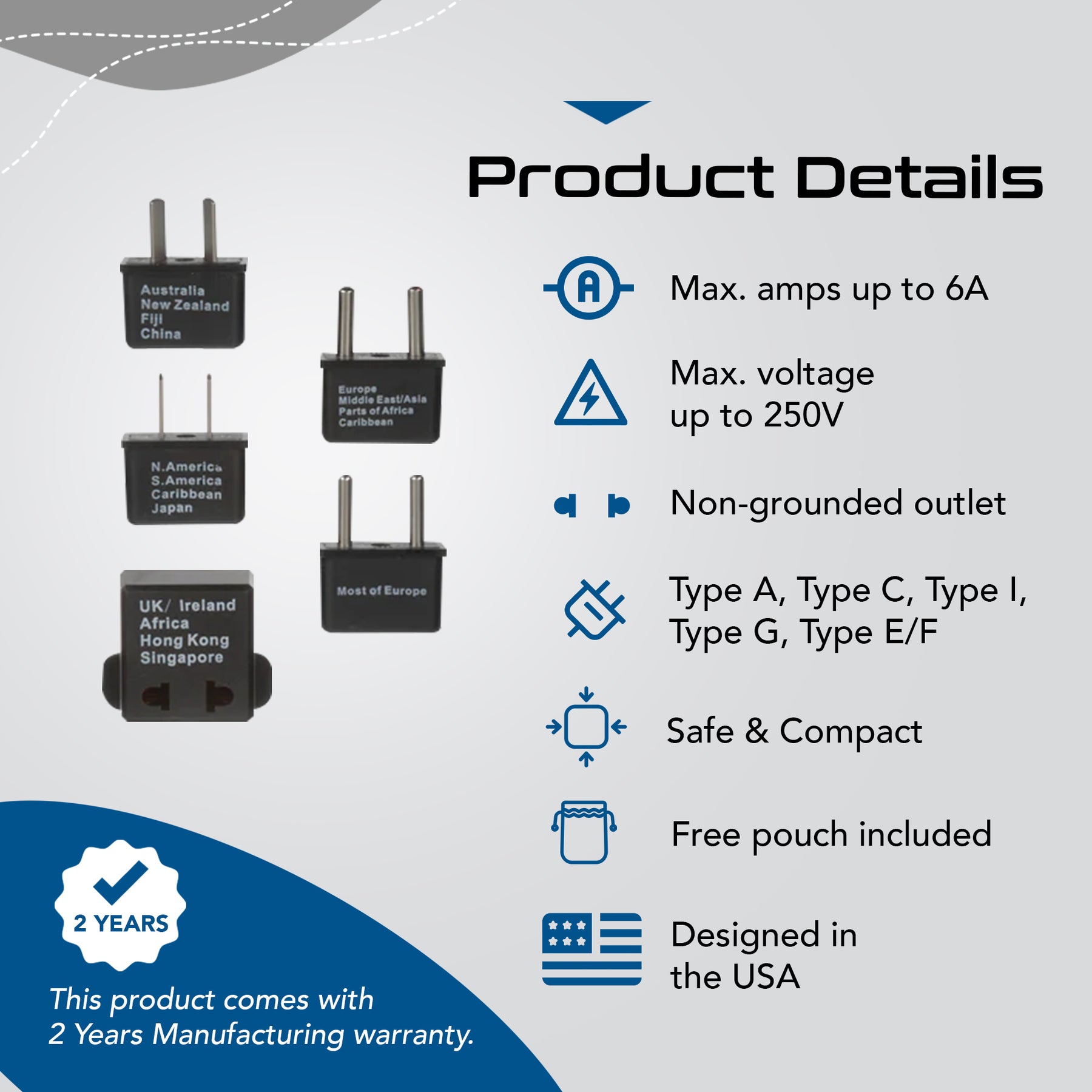 Worldwide Travel Adapter Plug | International 5pc Set (UP-5S) Ceptics