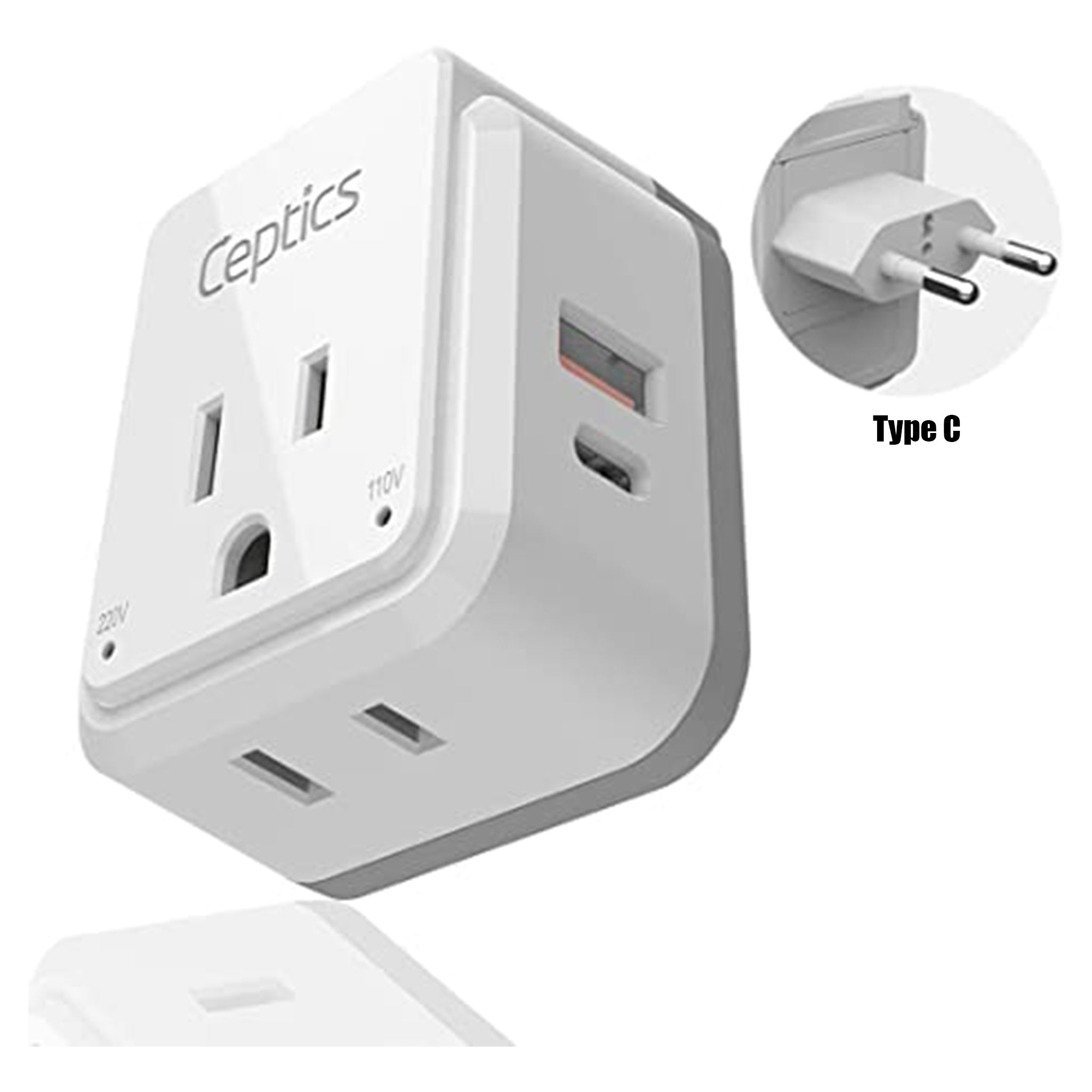 PAK-C European Travel Adapter | Type C - USB & USB-C Ports + 2 US Outl