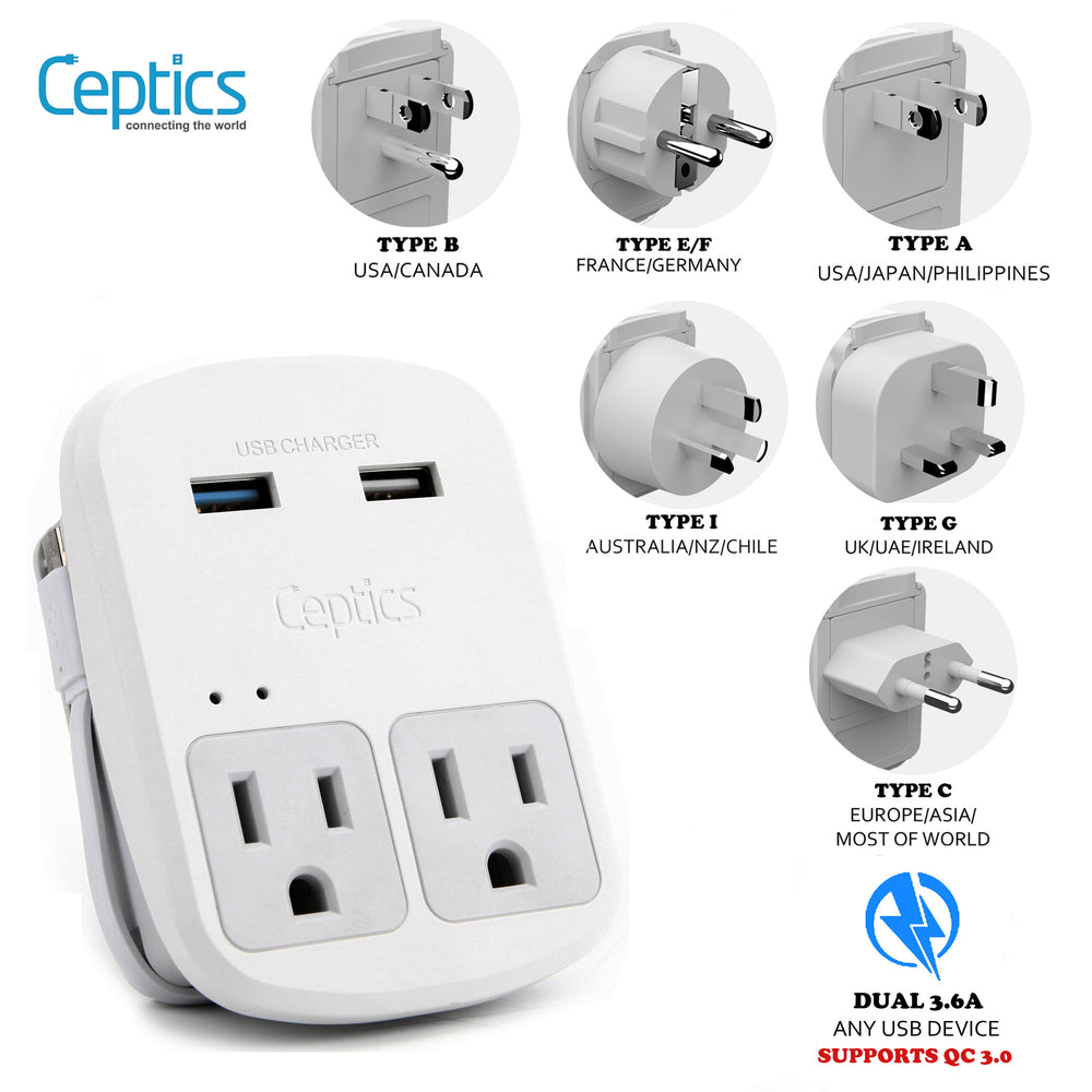 World Travel Adapter Kit with 2 USB Ports & 2 Outlets | Ceptics