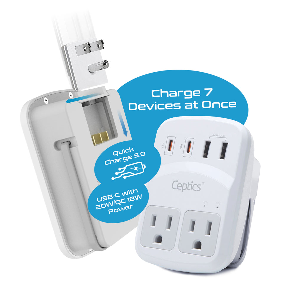 World-Way 6 Travel Adapter Kit | 2 USB-A + 2USB-C + 2 US Outlets - Gro